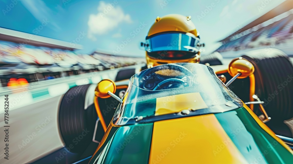 Racing cars in readiness for the start on the race track. A car with a ...