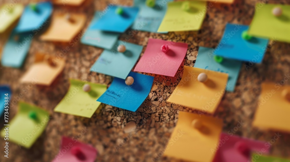 sticky notes affixed to a classic cork bulletin board, each bearing its ...