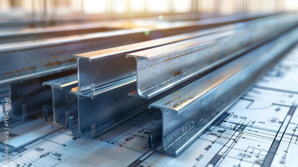 An illustration showcasing the production of steel beams, stacked on ...