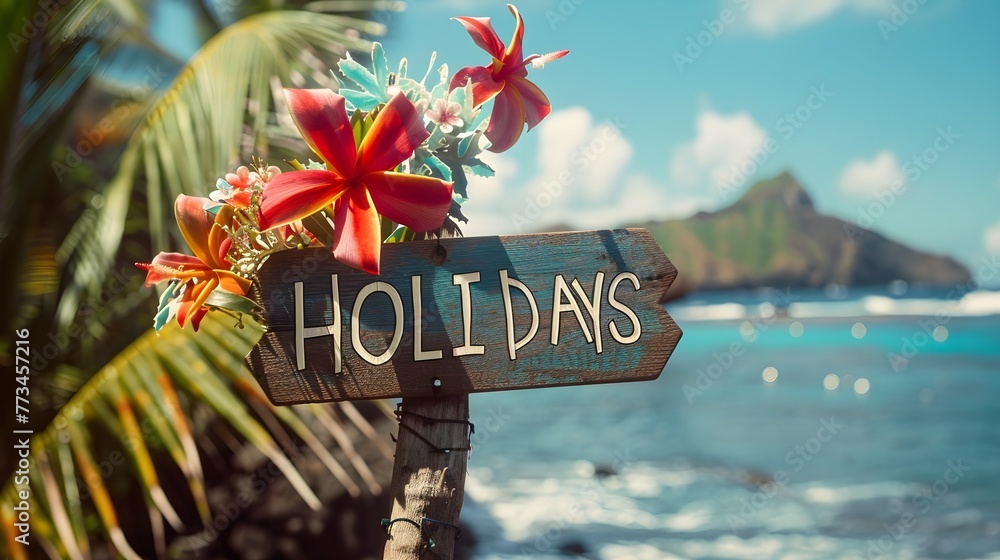 A wooden sign with HOLIDAYS text on sunny tropical beach, ocean sea ...