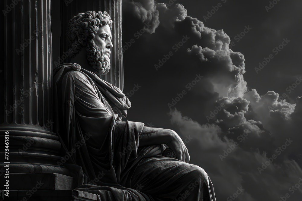 Surreal 3D illustration of an ancient Greek statue made of black marble ...