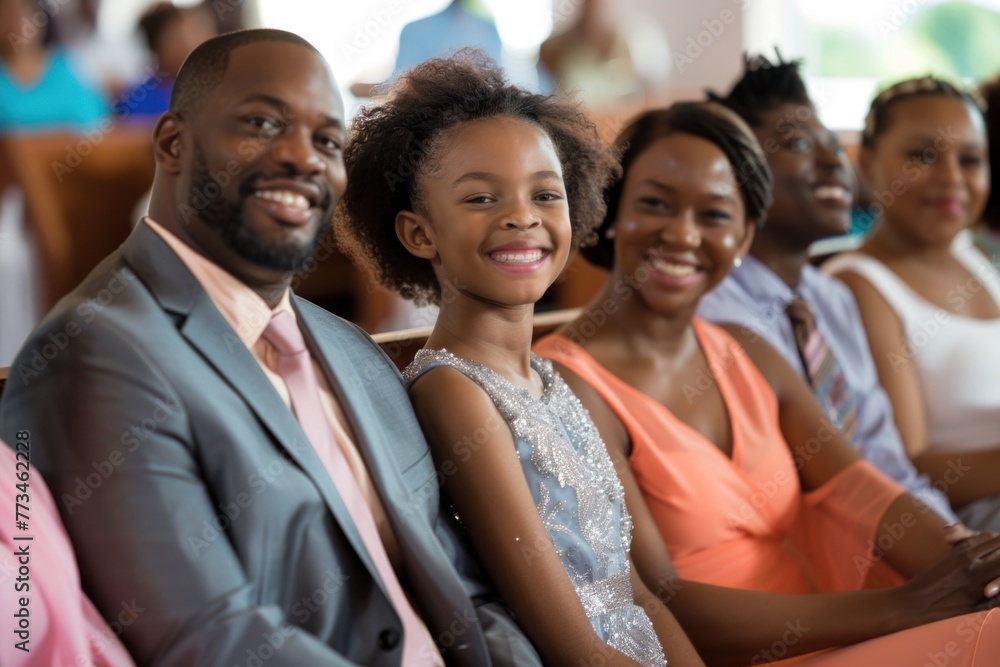 Happy African American family sitting in a pew at church and smiling at ...