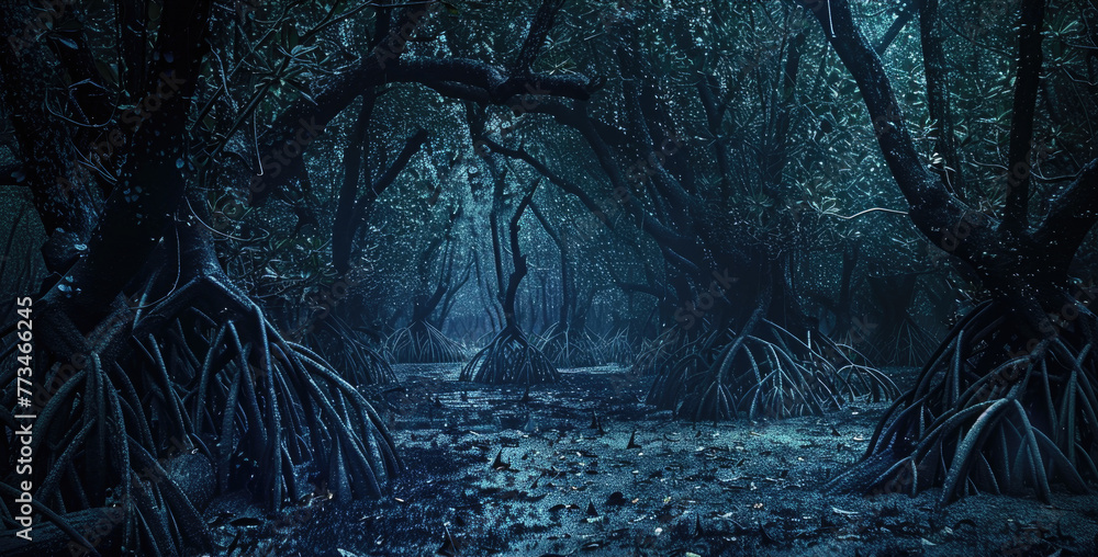 Scary dark tropical forest at dusk, spooky woods with mangrove trees in ...