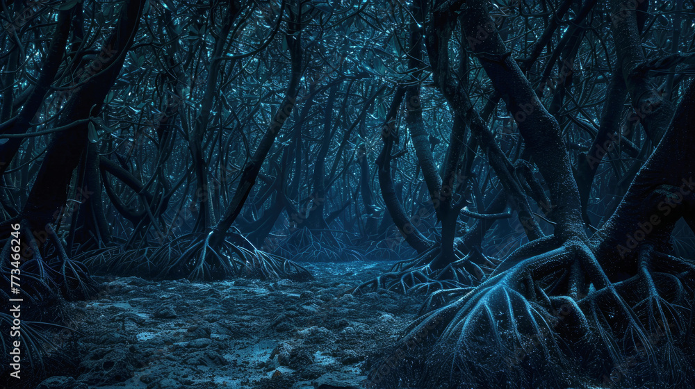 Spooky dark tropical forest, scary woods with strange mangrove trees ...