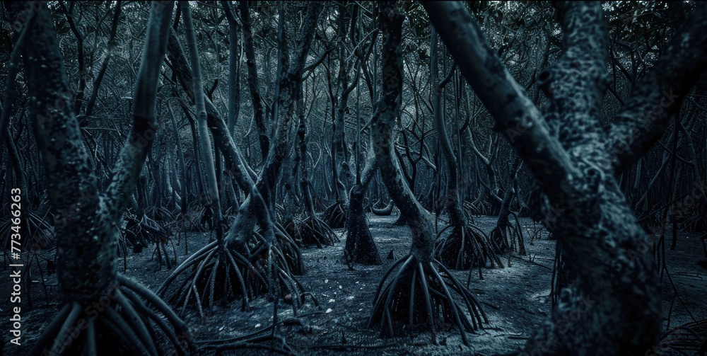 Creepy dark tropical forest, scary woods with strange mangrove trees ...