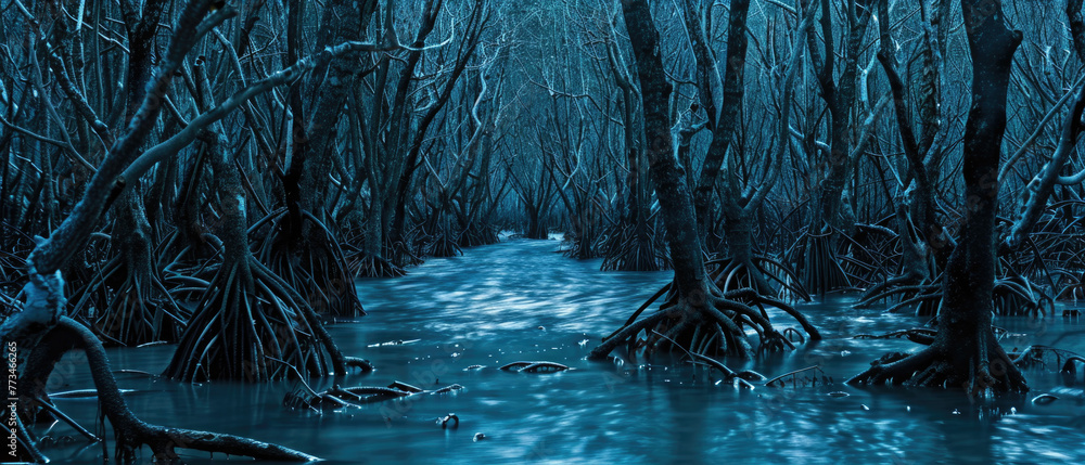 Scary dark tropical forest in twilight, spooky woods with mangrove ...