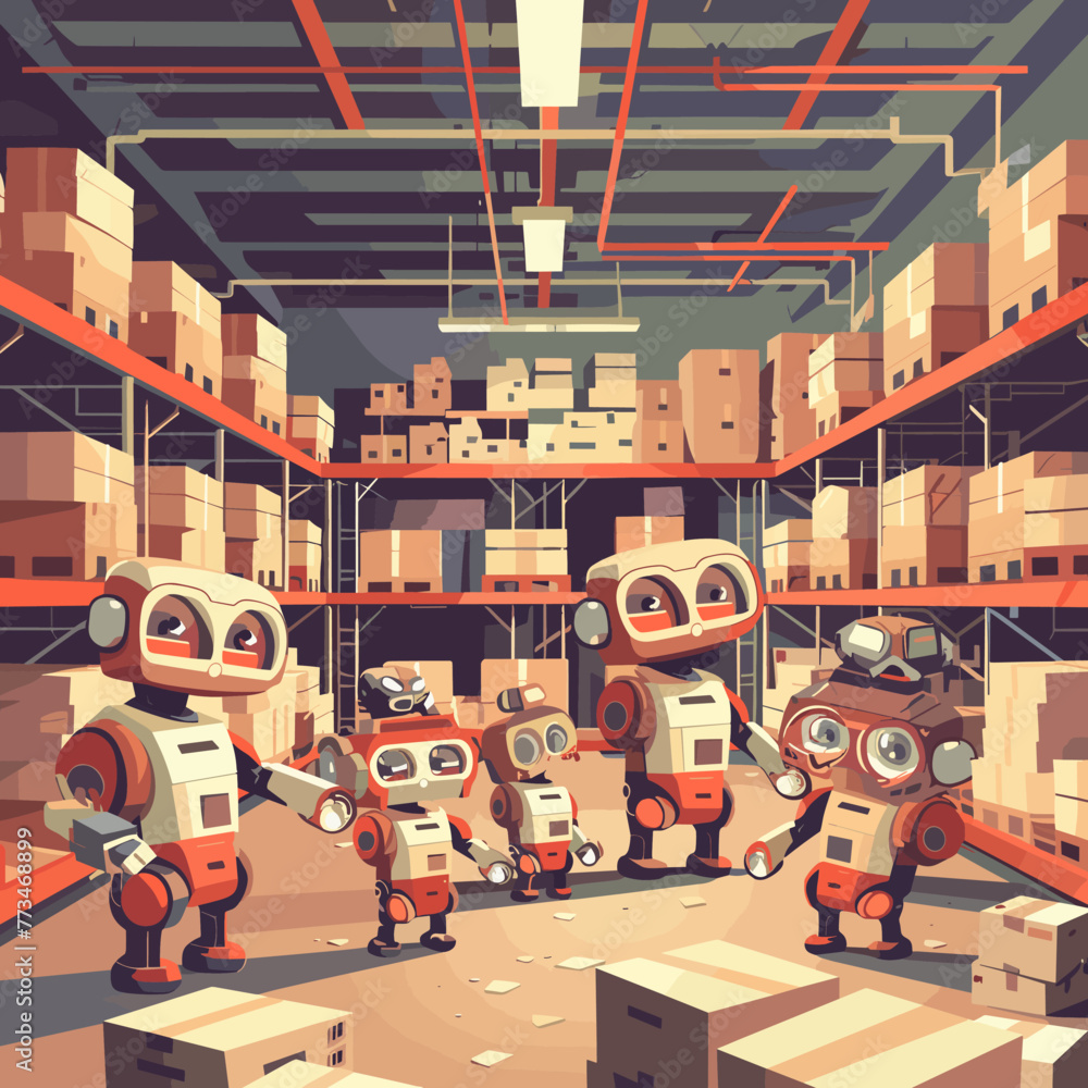 Cartoon vector illustration of a warehouse with robots and boxes on ...