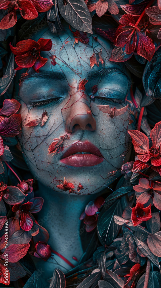 Portrait of a girl with blue skin and red leaves - The captivating ...