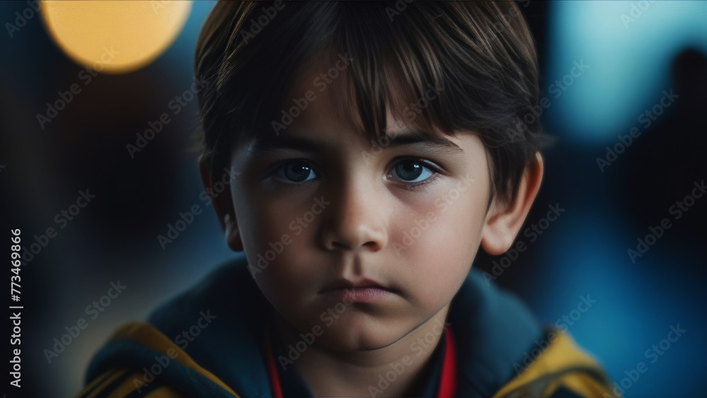 Portrait mongoloid little kid crying and tears. Asian boy have sad ...