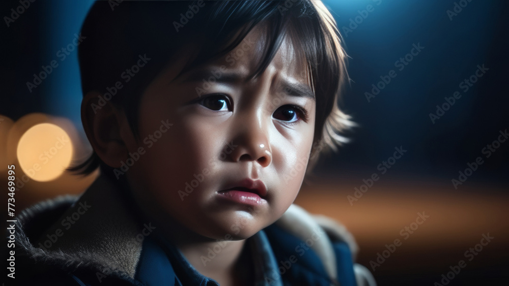 Portrait mongoloid little kid crying and tears. Asian boy have sad ...