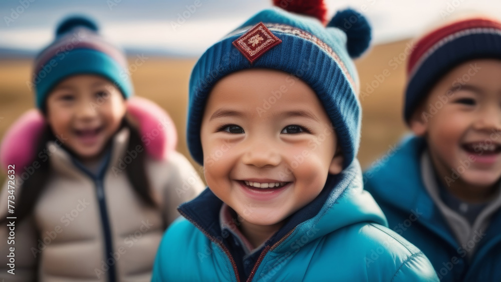 Portrait mongoloid children. Happy cute asian friends on rustic sunny ...