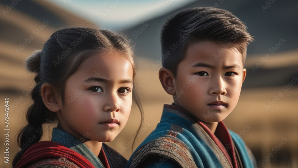 Portrait mongoloid children. Happy cute asian friends on rustic sunny ...