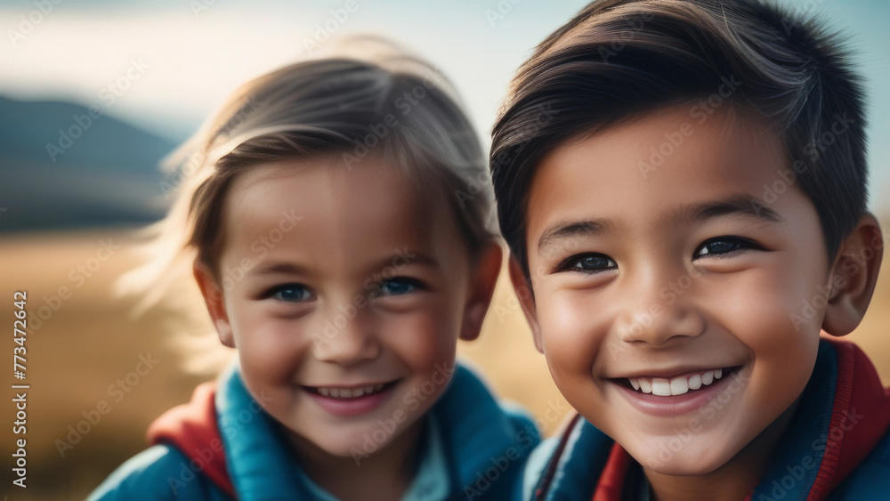 Portrait mongoloid children. Happy cute asian friends on rustic sunny ...