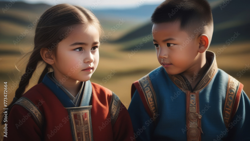 Portrait mongoloid children. Happy cute asian friends on rustic sunny ...