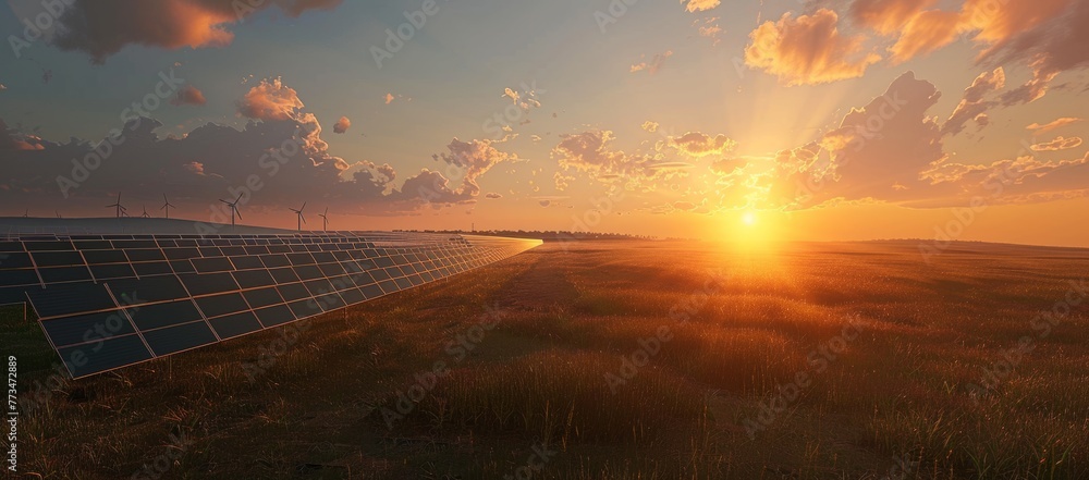 Sunset view of solar panels in an open field, symbolizing the power and ...