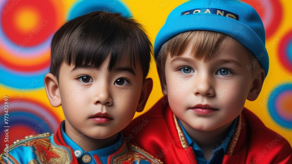 Portrait mongoloid children portrait. Happy cute asian friends on ...