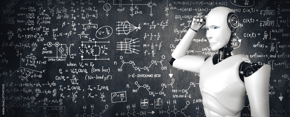 XAI 3d illustration Thinking AI humanoid robot analyzing screen of ...