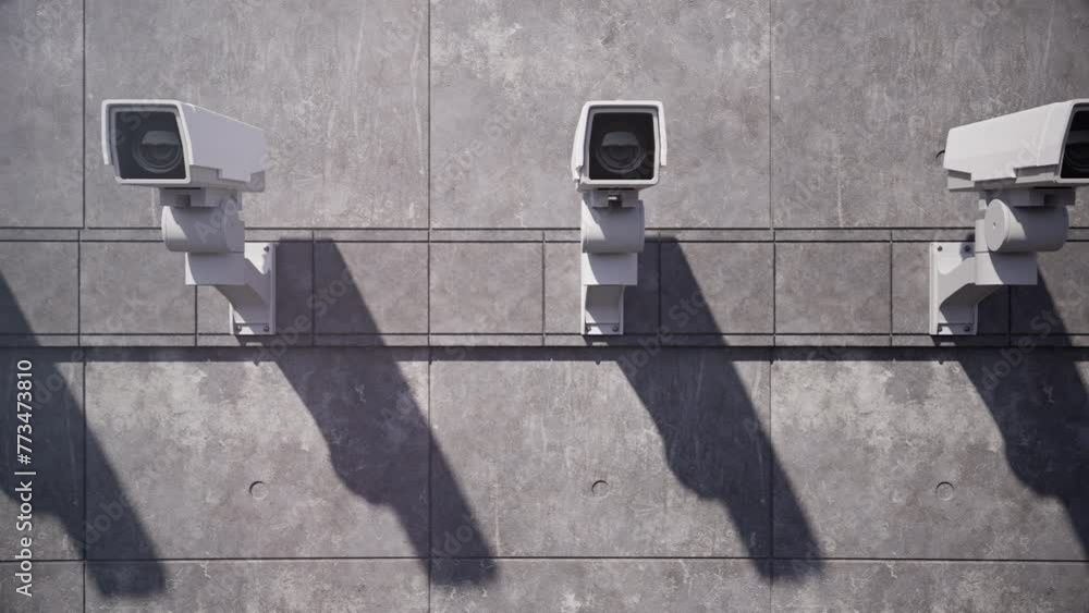CCTV security cameras on a concrete wall in a steady, right-to-left pan ...