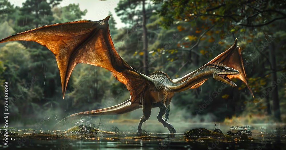 Quetzalcoatlus in landing posture, giant azhdarchid pterosaur, wings ...
