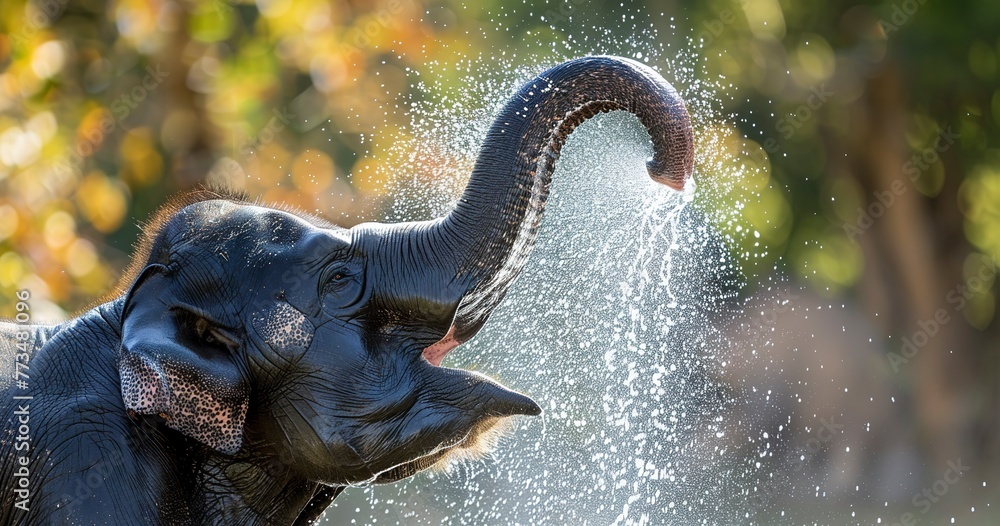 Elephant using its trunk to spray water, showcasing bathing and cooling ...