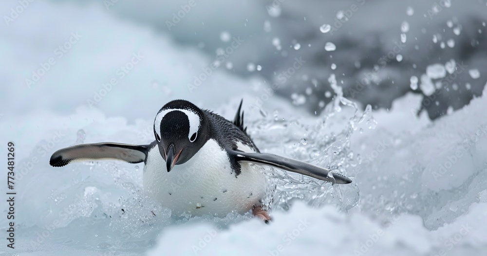 Penguin sliding on ice on its belly, playful and efficient movement ...