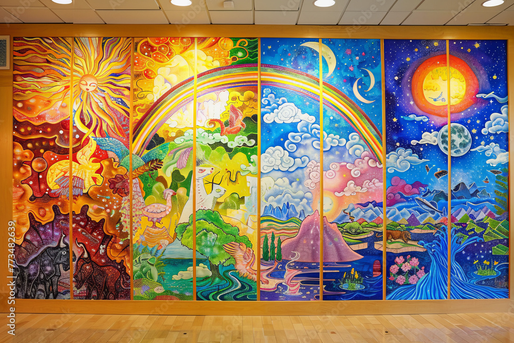 A colorful, flowing art style mural depicting the seven days of ...