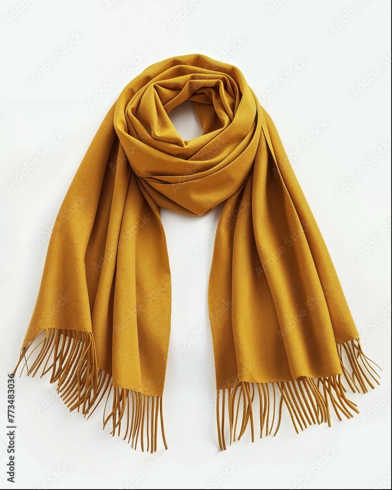 golden yellow cashmere scarf with fringe on white background, product ...