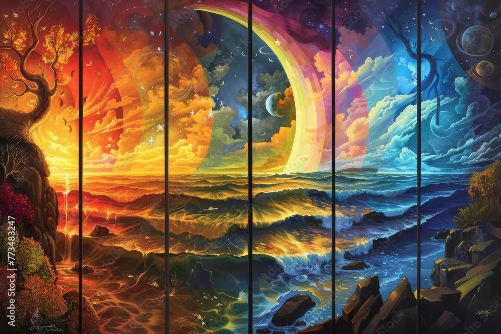 A colorful, flowing art style mural depicting the seven days of ...