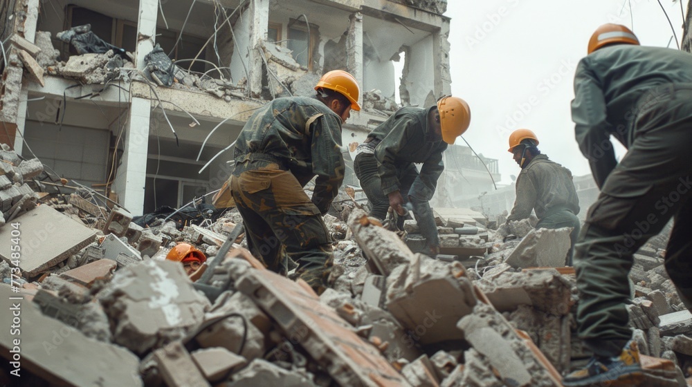 Group of men standing around a pile of rubble. Suitable for ...