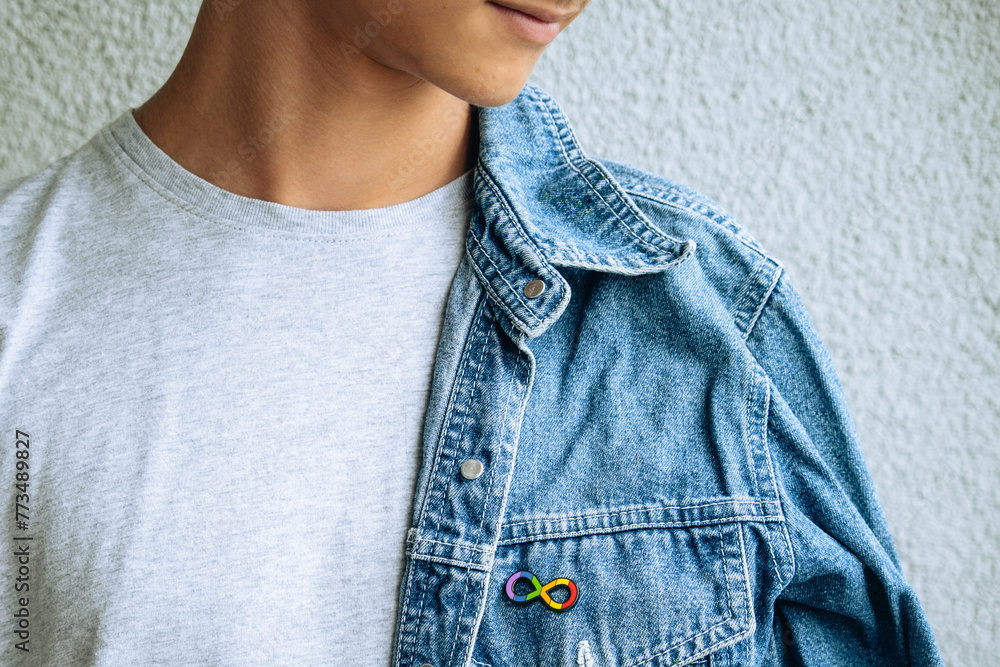 Teenage boy with autism infinity rainbow symbol sign metallic pin ...