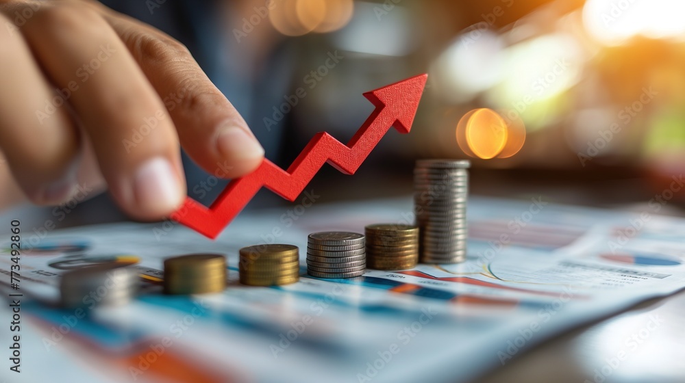 Coins are laid out in ascending columns of growth with a graphic, hand ...