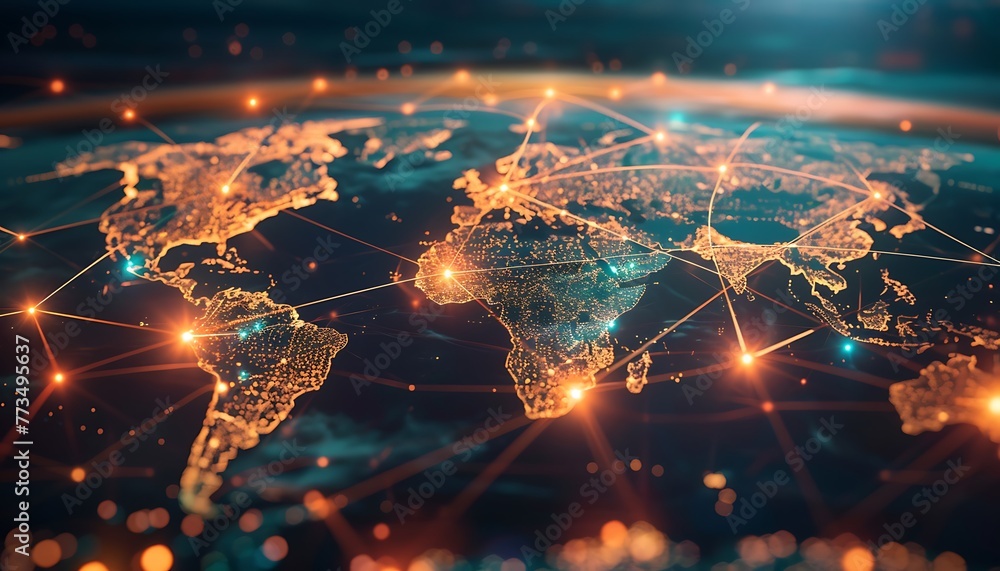 World map displaying illuminated lines linking key financial hubs Stock ...