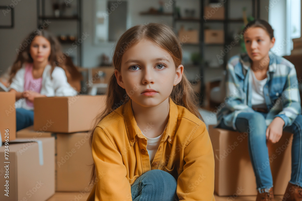 Sad stressed evicted family with little girl worried relocating house ...