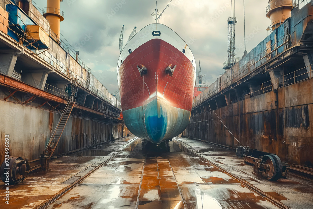 Shipyard industry, Ship Building, Big ship on floating dry dock in ...