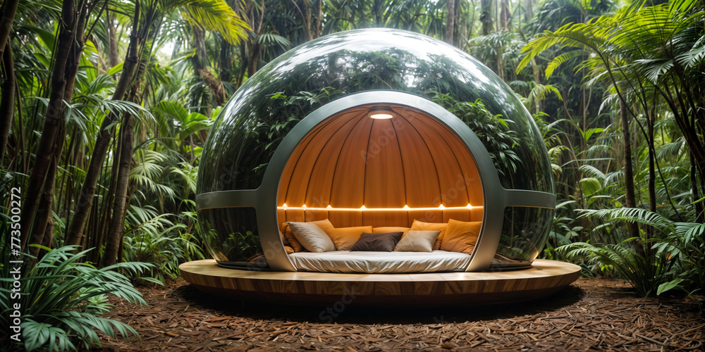 spherical pod with a bed inside sits on a platform in the middle of a ...