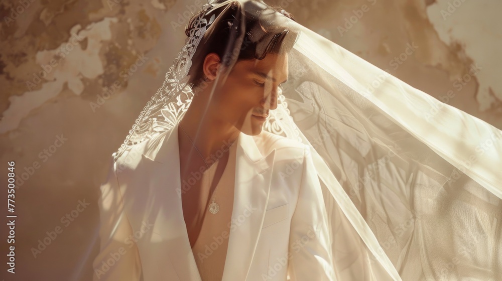 Men’s Veil. Male bride in a white suit and veil. Man Wearing a Veil ...