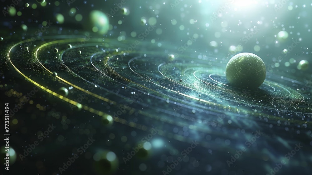 Abstract portrayal of a solar system model with planets as green orbs ...