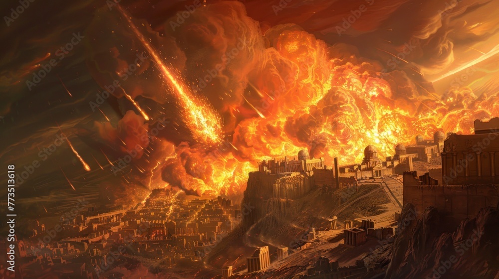 city of sodom and gomorrah being destroyed by meteorites of burning ...