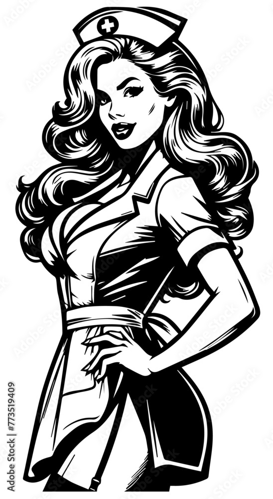 nurse, doctor, pin-up girl vintage style, black silhouette vector ...