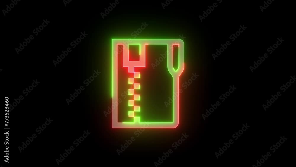 Neon zip folder icon green red color glowing animation black background ...
