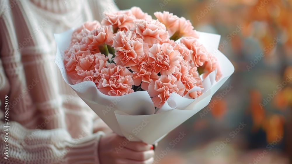 Bouquet of Rose color carnations Wrapped in luxurious white paper ...