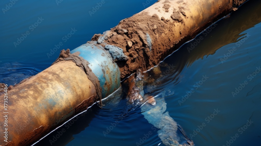 a corroded metal pipe leaking water into a blue river, depicting ...