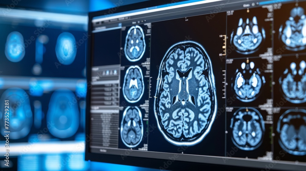 Visual exploration of a brain disease scan displayed on a computer screen. Examining the diverse ...