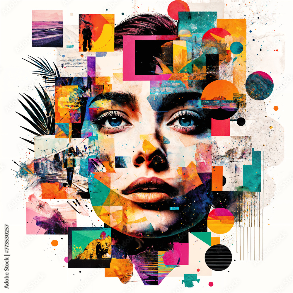 The image is a collage of various photos featuring a woman's face. The ...