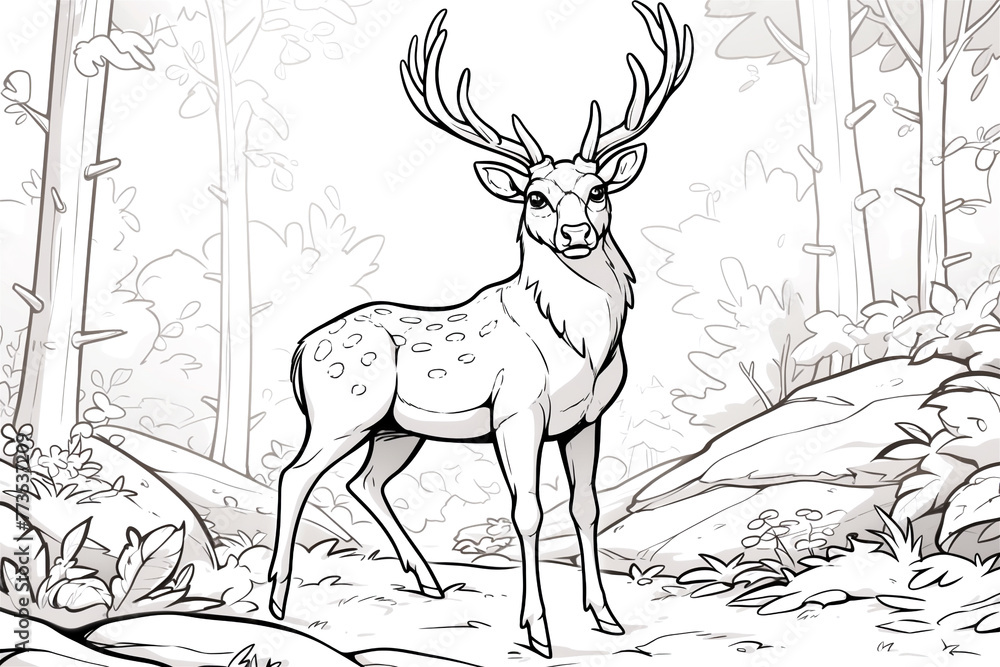 A forest scene coloring page with a deer. Perfect for children's ...