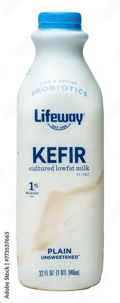 Bottle of Lifeway brand unsweetened plain cultured 1% low-fat milk ...