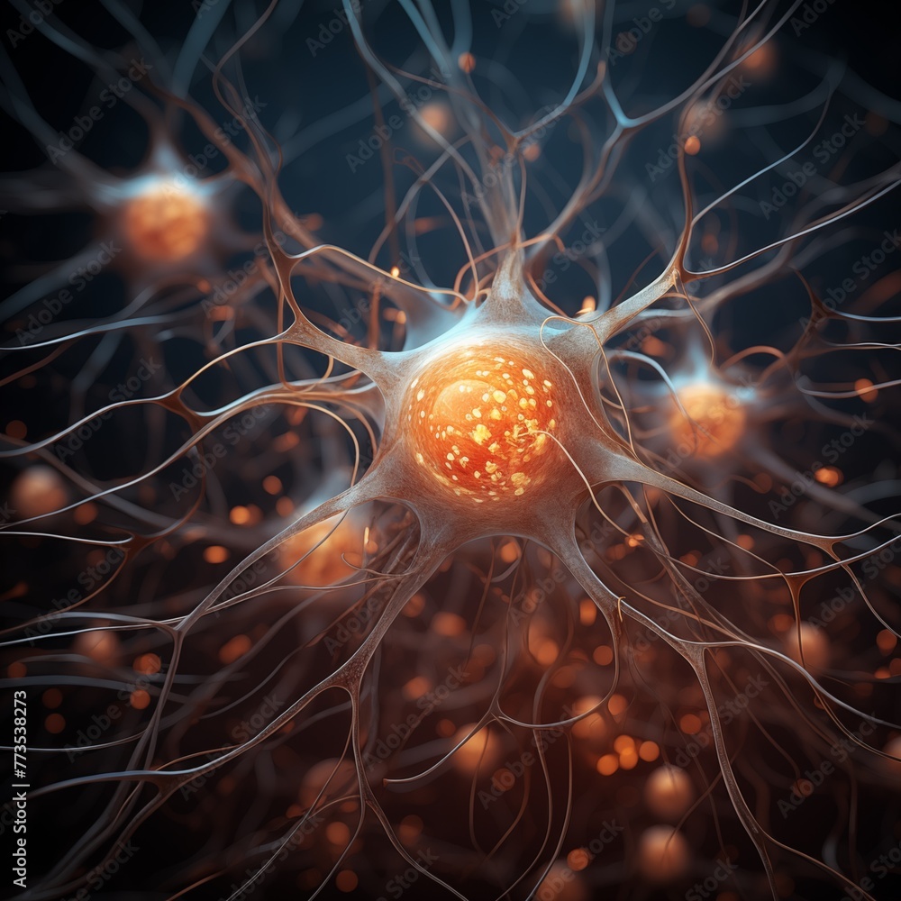 Active nerve cells with electrical brain activity. Biological neuro ...
