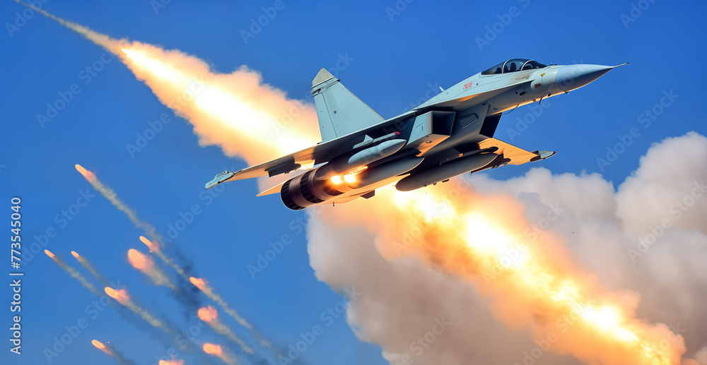 Fighter jet releases heat traps. Military aircraft launching heat traps ...