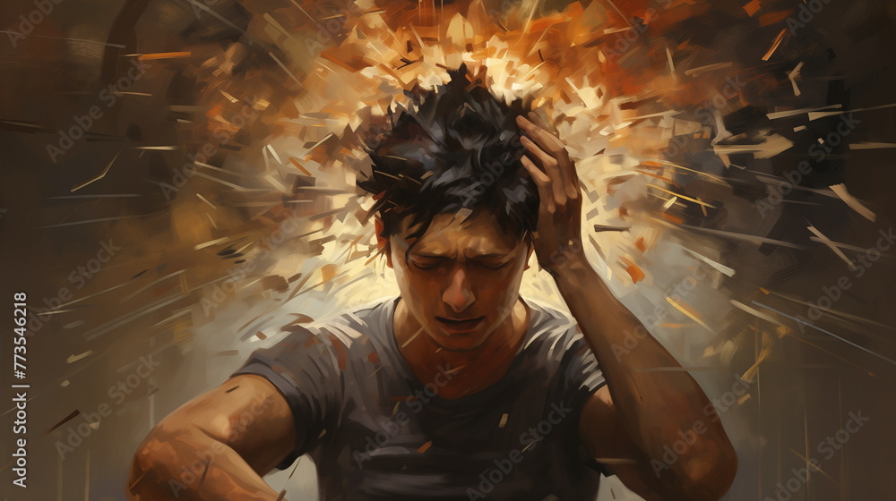 Man overwhelmed with hands on head against a backdrop of shattering ...