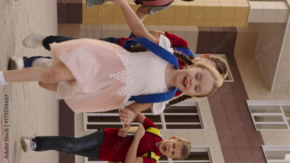 happy children school backpacks run game recess group team runners ...